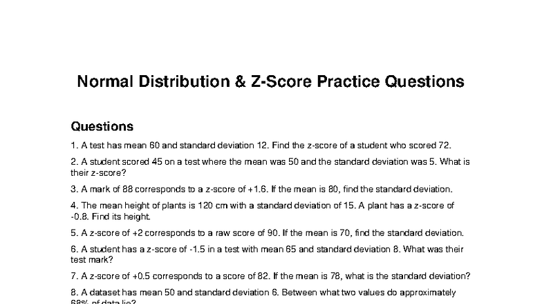 Normal Distribution Z-Score Practice Questions - Studocu