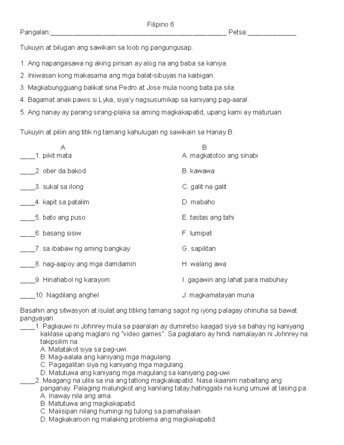 1st Summative Test in Filipino 6: Sawikain and Comprehension Questions ...