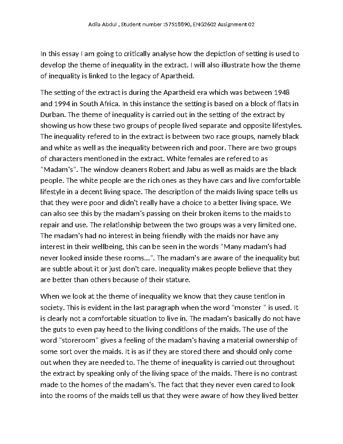 Eng2602 Essay Analysis: Setting and Inequality in Apartheid Era - Studocu