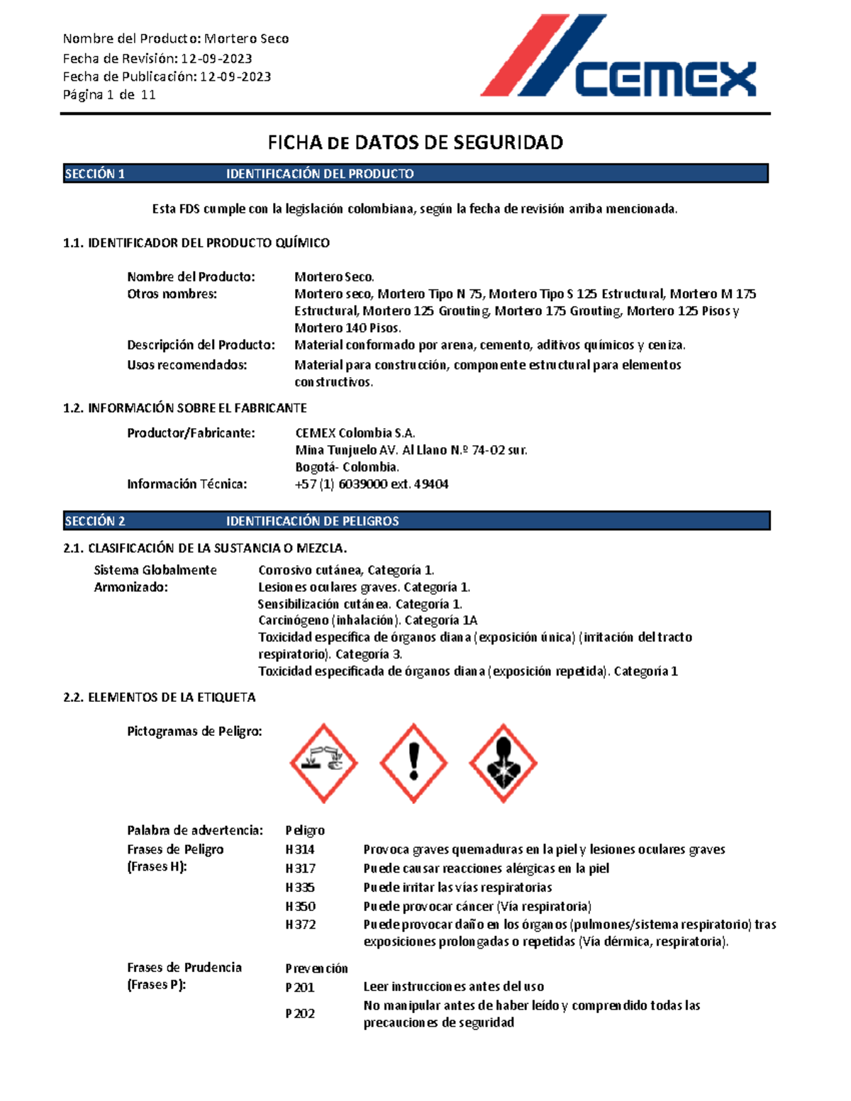 Ficha de Seguridad: Mortero Seco Cemex - Identificación y Peligros ...