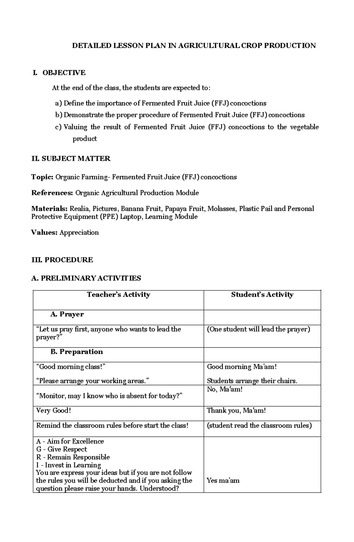 101 Detailed Lesson Plan on FFJ in Agricultural Crop Production - Studocu