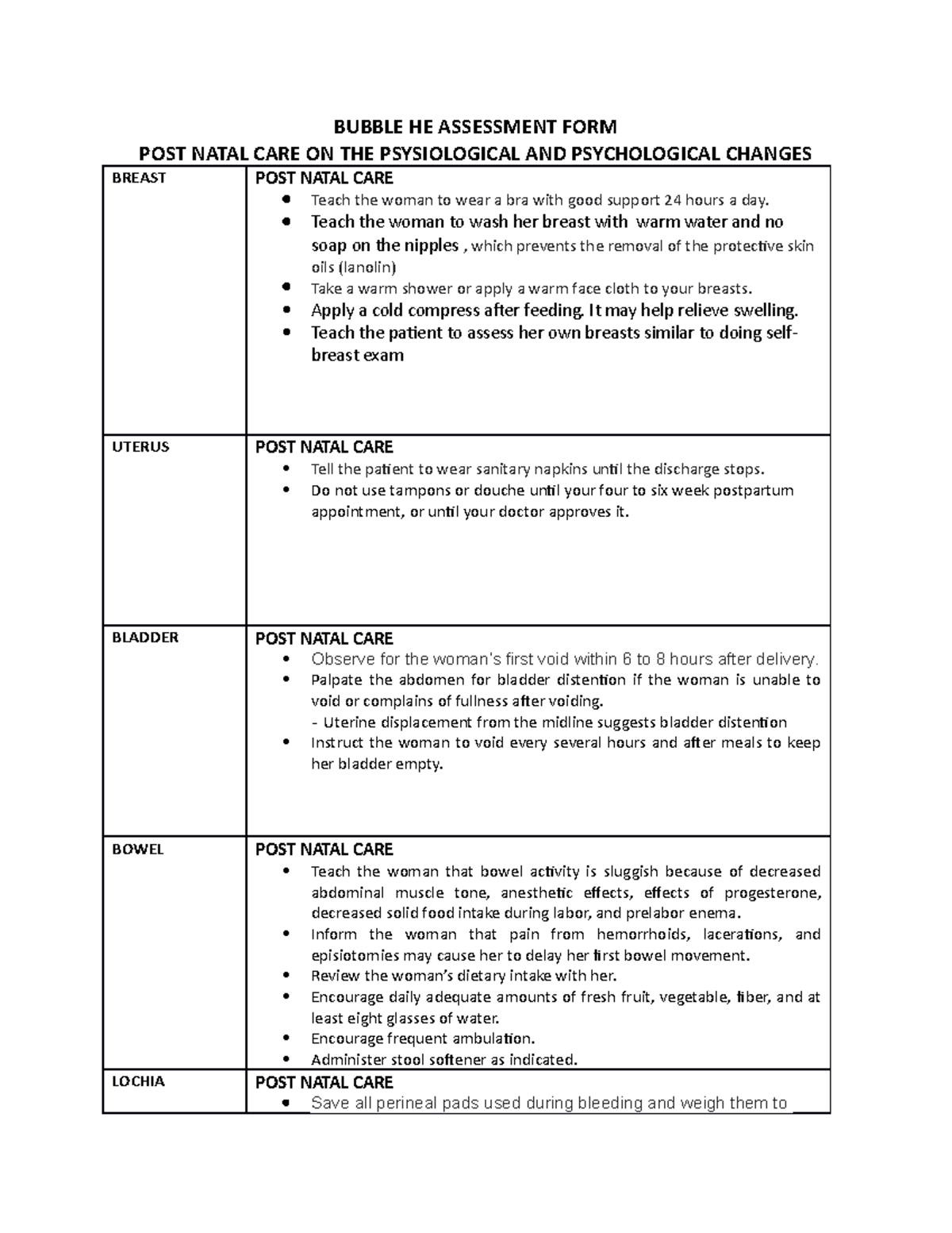Bubble HE n Ursing CARE - BUBBLE HE ASSESSMENT FORM POST NATAL CARE ON ...