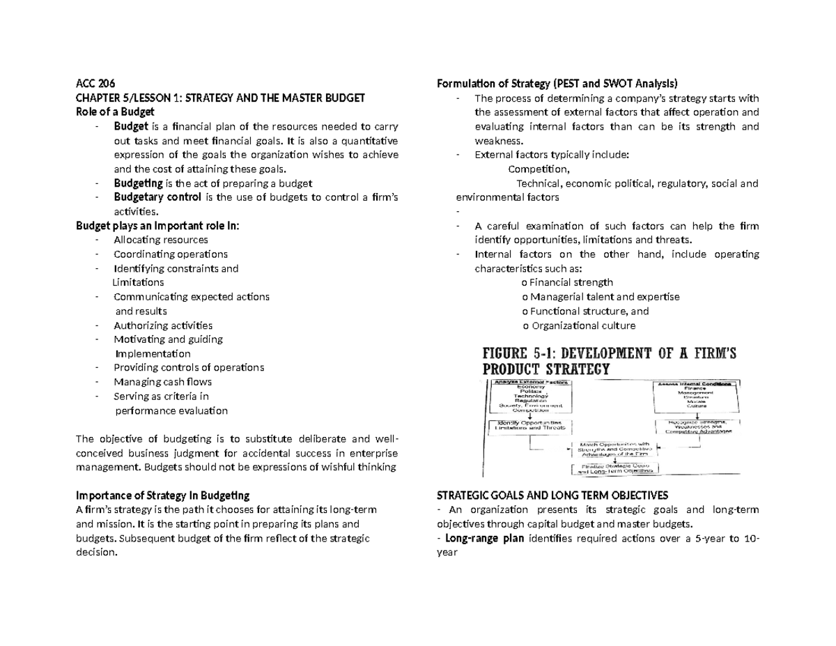ACC 206 - Chapter 5: Strategy and the Master Budget Overview - Studocu
