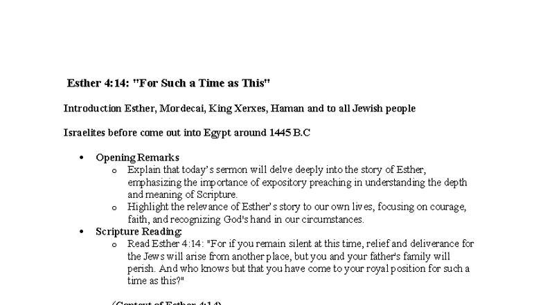 Expository Sermon Notes on Esther 4: "For Such a Time as This" - Studocu