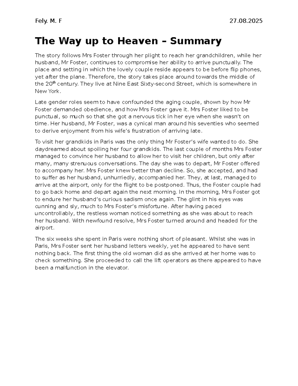 The Way Up to Heaven Summary: A Study of Mrs. Foster's Journey - Studocu