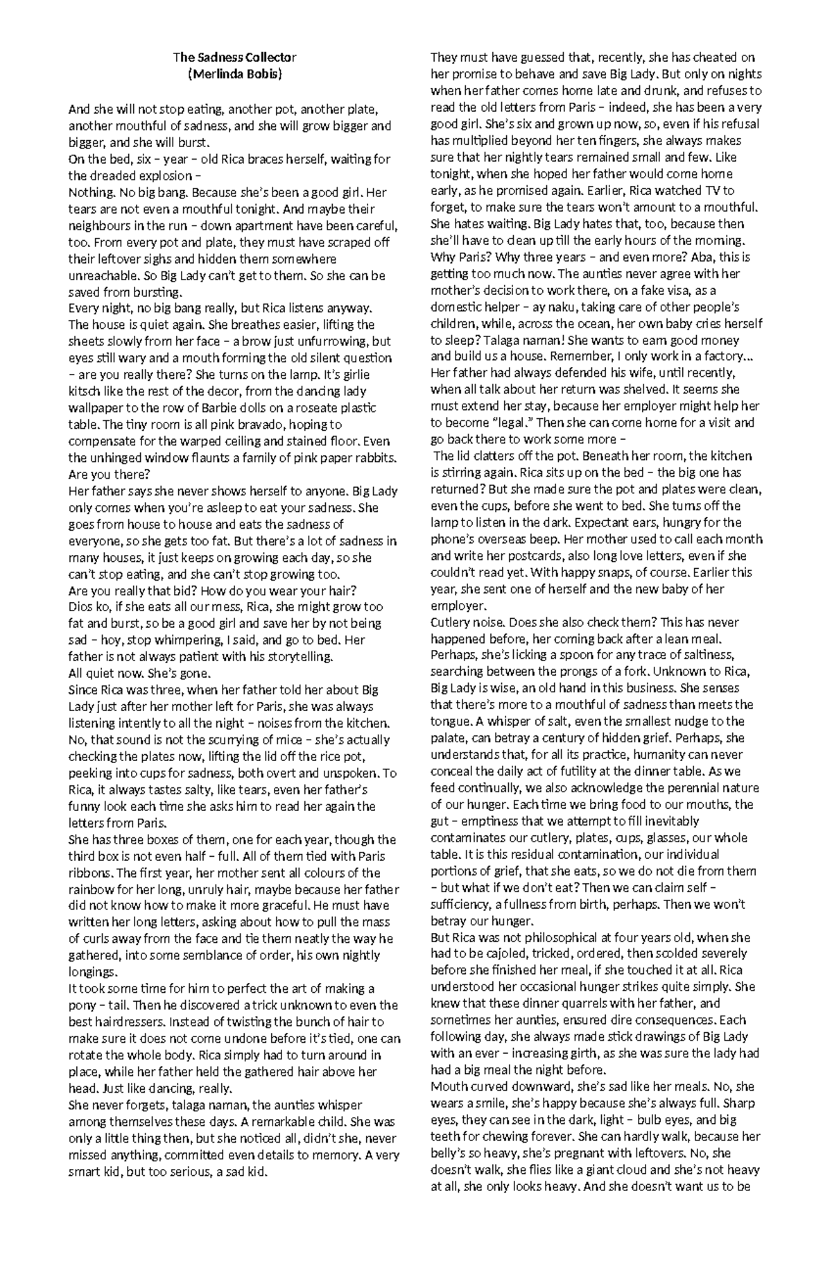 CNF Q3 WEEK 4 Test - The Sadness Collector Analysis - Studocu