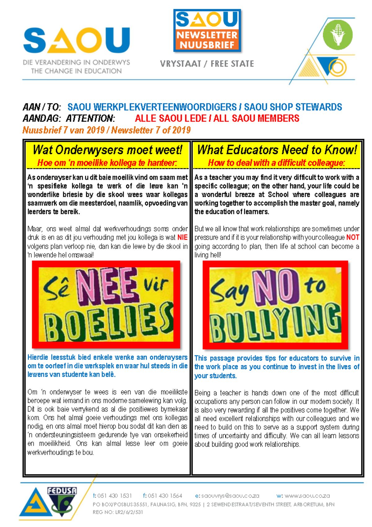 SAOU Nuusbrief 7 van 2019: Hanteer Moeilike Kollega's - Studocu