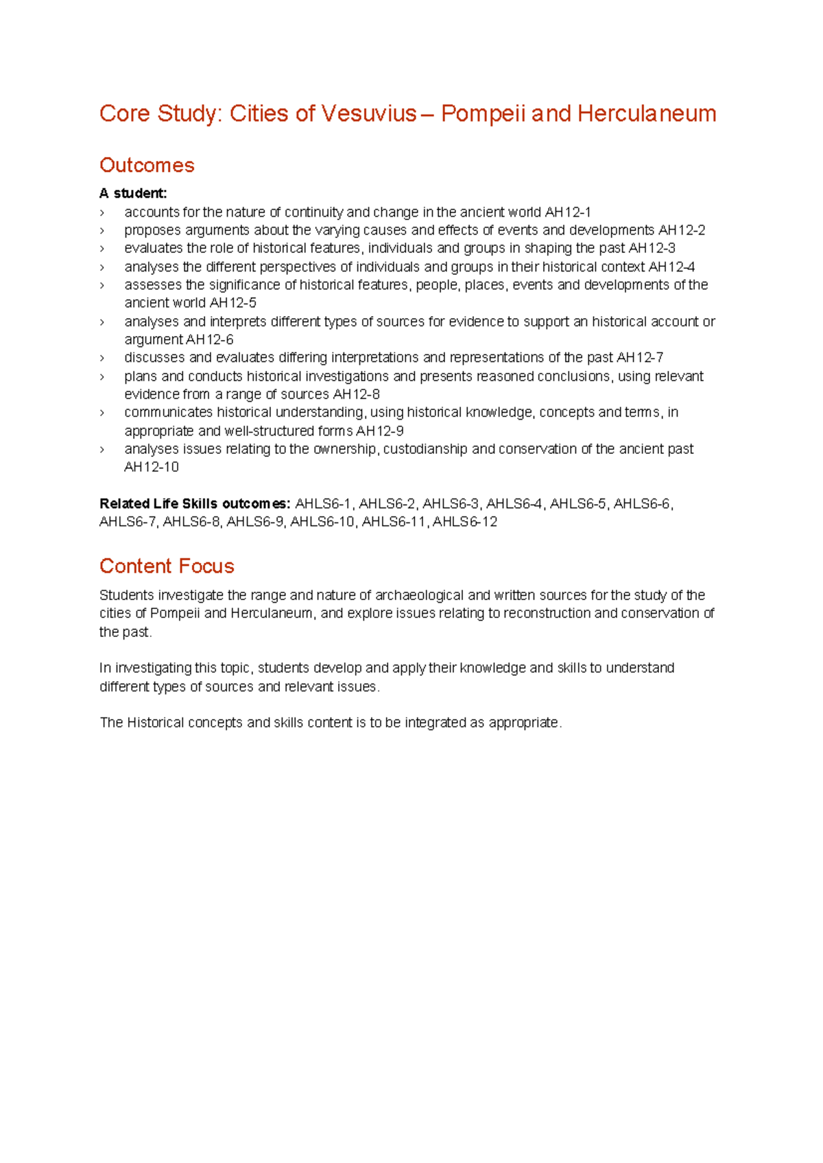 Core Study: Vesuvius Syllabus on Pompeii & Herculaneum Analysis - Studocu