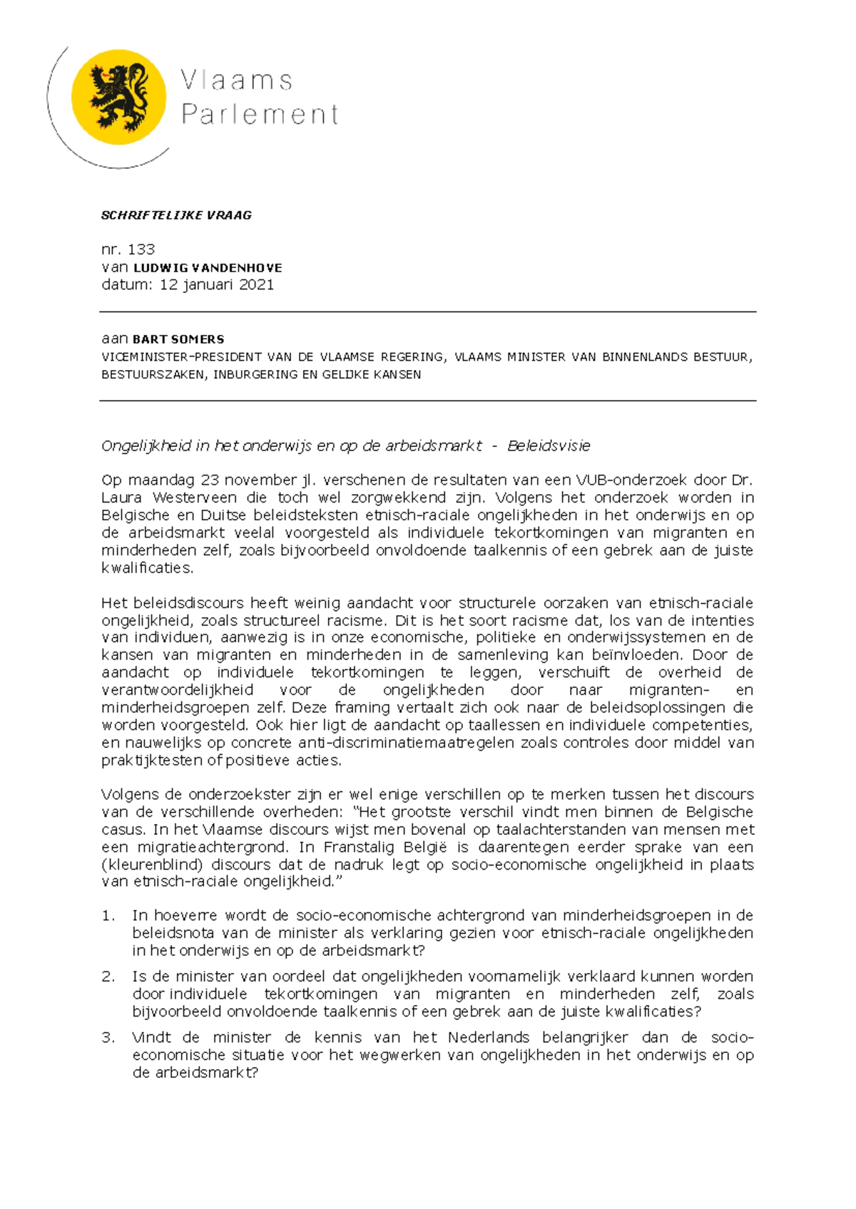 Beleidsvisie op Ongelijkheid in Onderwijs en Arbeidsmarkt - VRG 133 ...