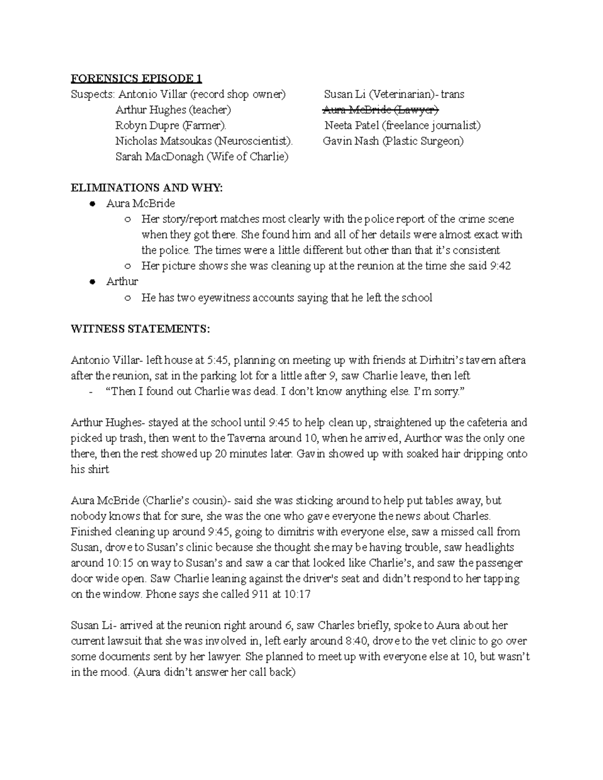 Forensics Case Study: Episode 1 & 2 Suspects and Witness Statements ...