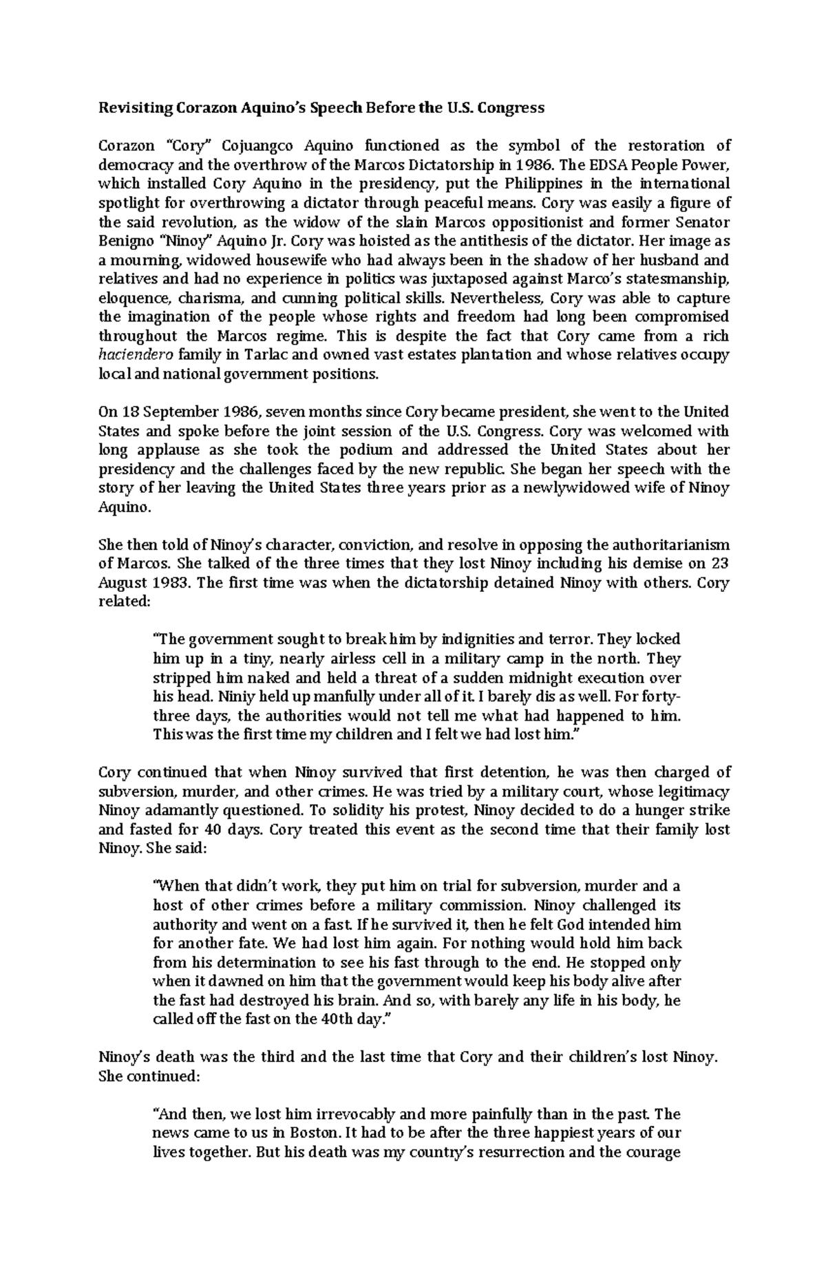 Corazon Aquino-Speech - Transcript of the Speech of Corazon C. Aquino ...