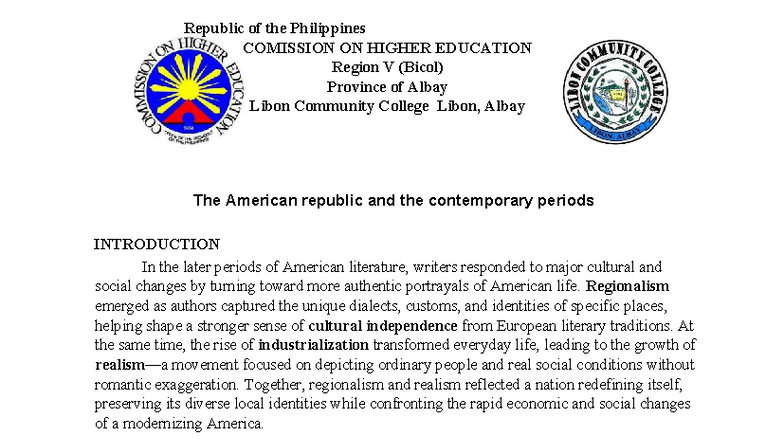 BSED ENGLISH 3B: Regionalism and Realism in American Literature - Studocu