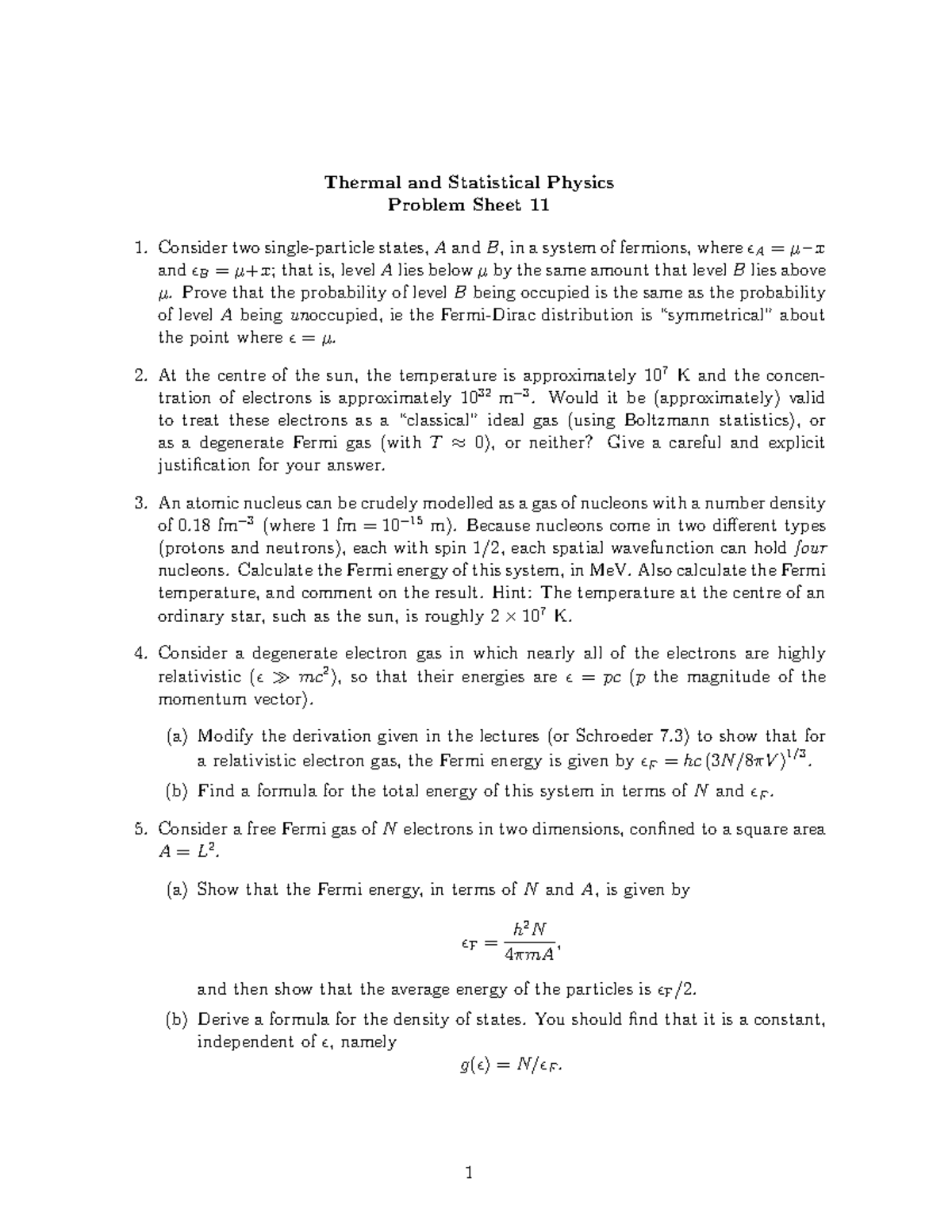 TSP Problem Sheet 11: Fermions, Fermi Gas, and Statistical Physics - Studocu
