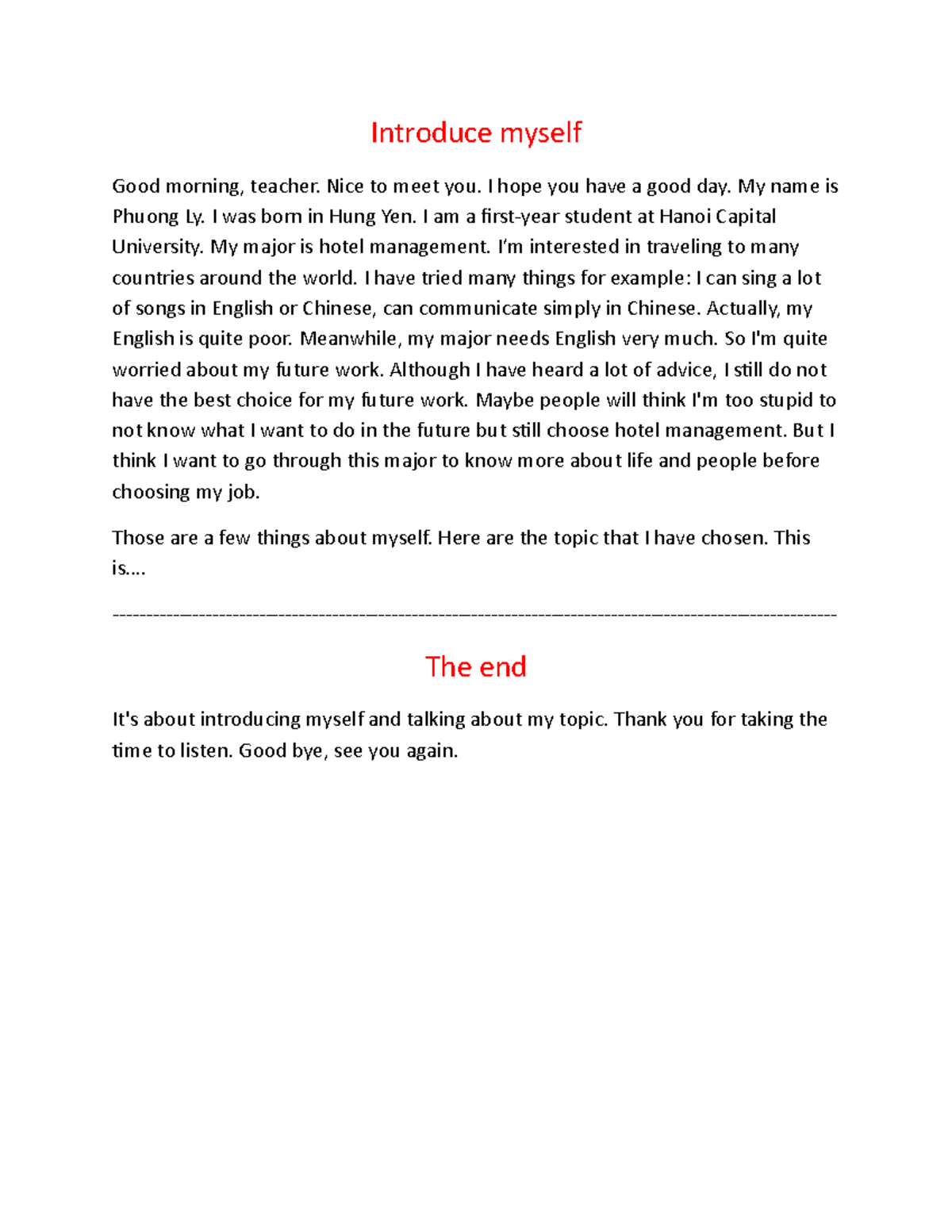 Speaking Test to review - Introduce myself Good morning, teacher. Nice ...