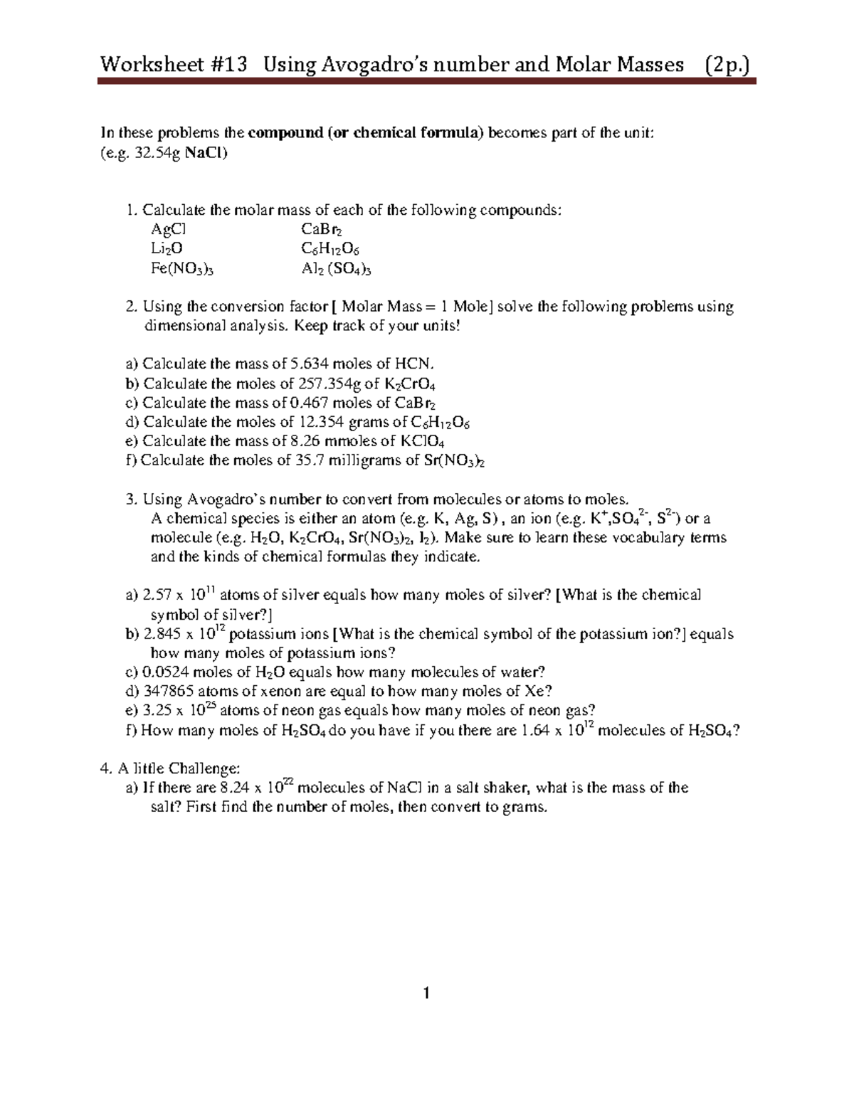 Worksheet: Using Avogadro's Number & Molar Masses (2p.) - Studocu