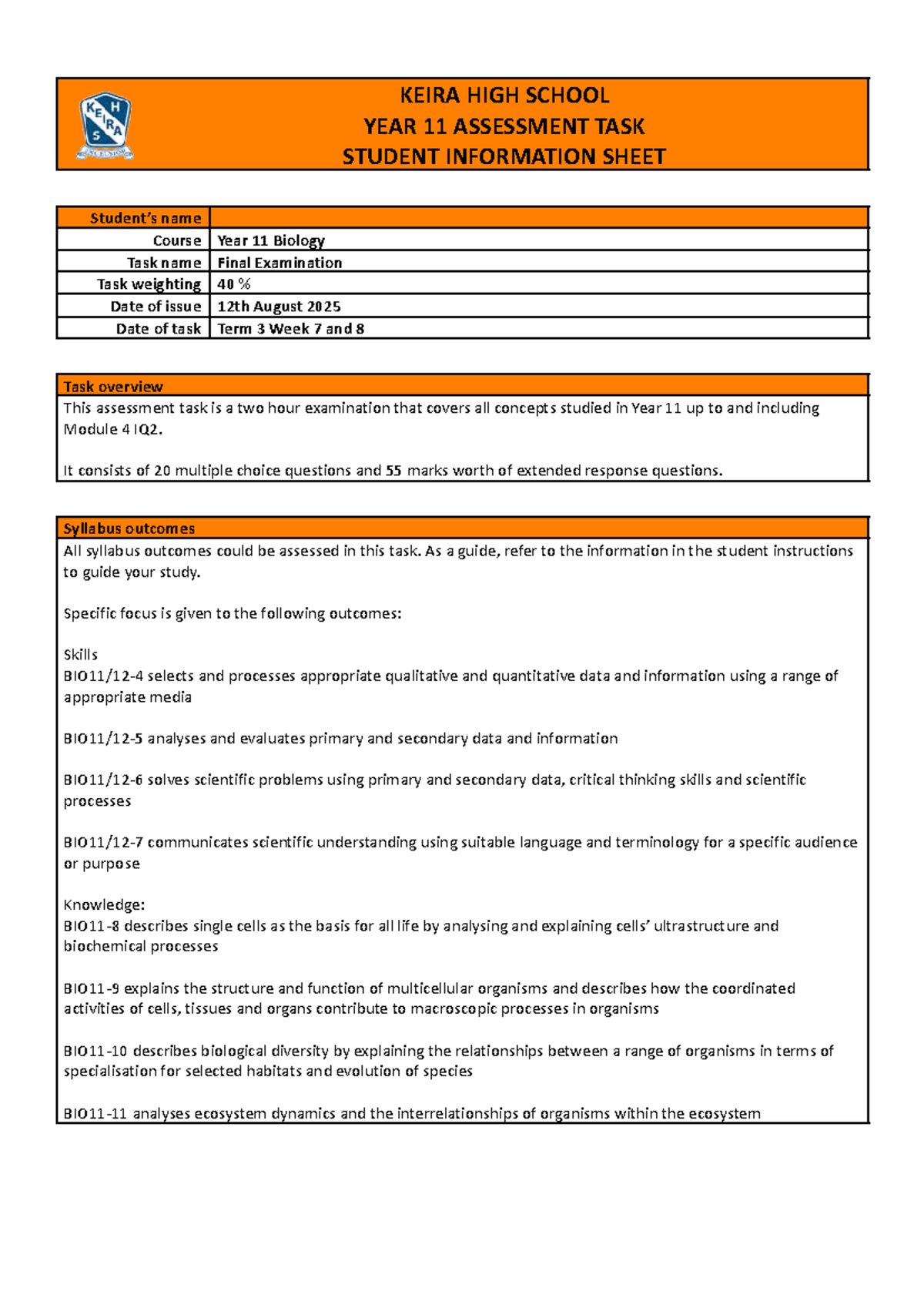 Yr 11 Biology 2025 Final Exam Overview and Preparation Guide - Studocu