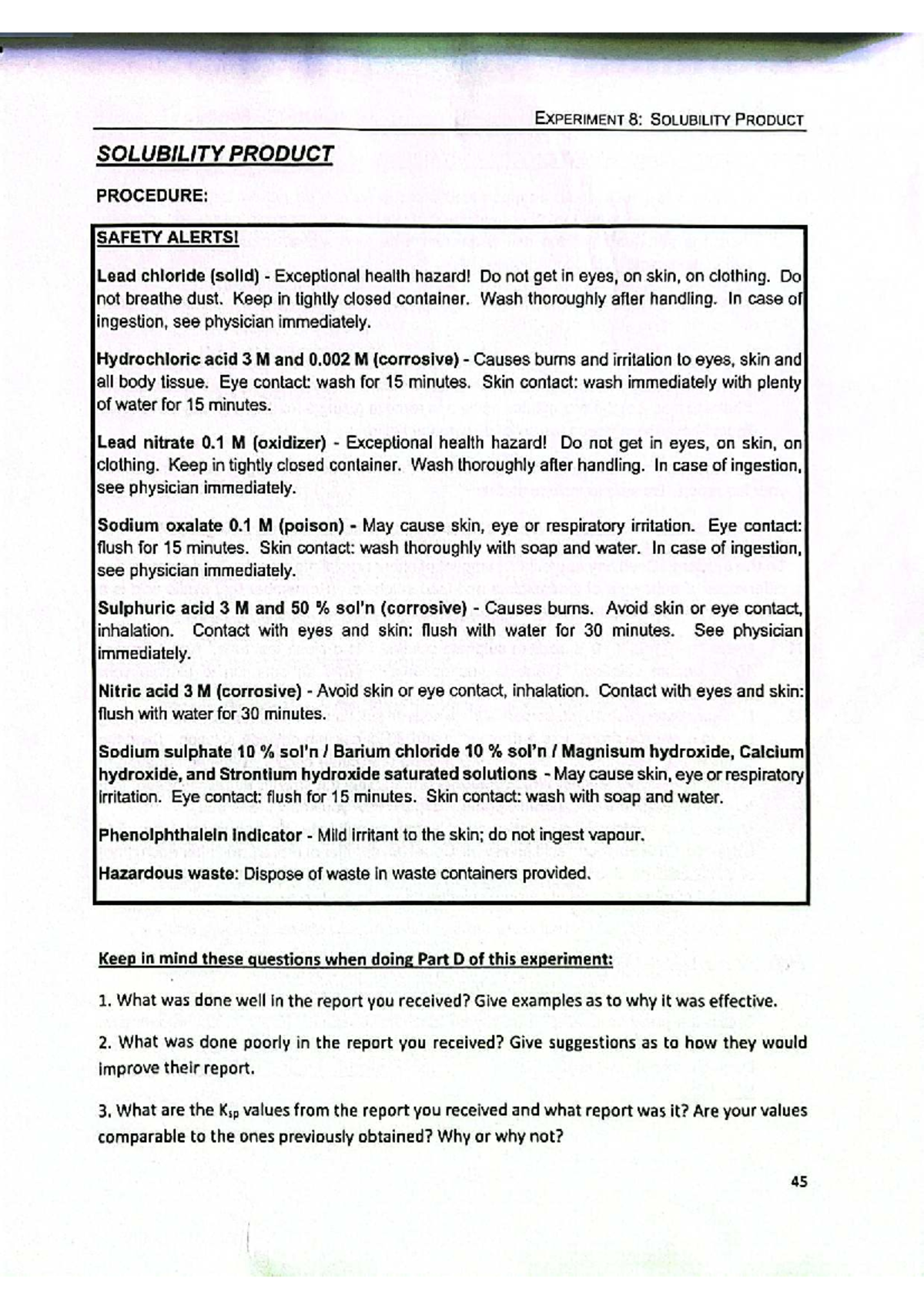 Lab Outline for Solubility Product Experiment (CHEM 101) - Studocu