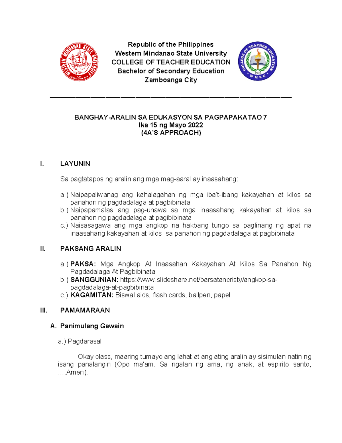AYCO-4AS - Detailed Lesson Plan on the 4A's Approach in ESP - Studocu