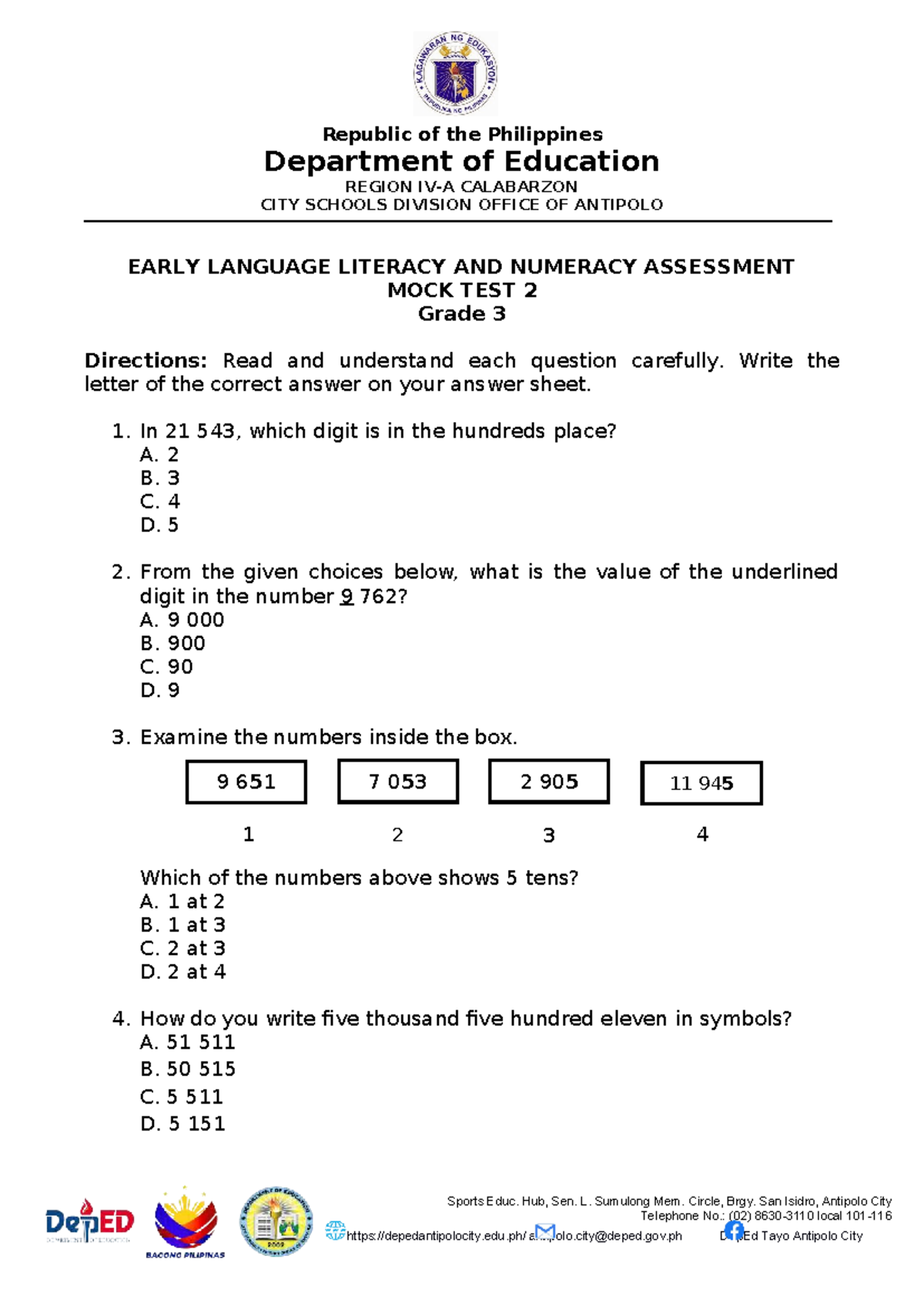 Grade 3 Early Language Literacy & Numeracy Mock Test 2 - Studocu
