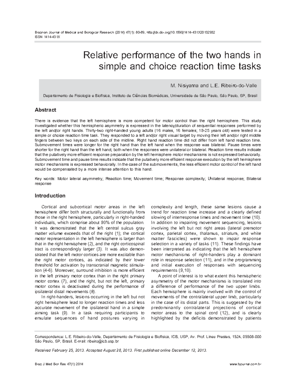 Relative Performance of Hands in Simple & Choice Reaction Time Tasks ...
