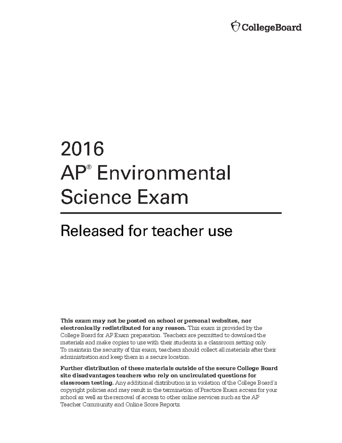 2016 AP Environmental Science exam practice materials for teachers ...
