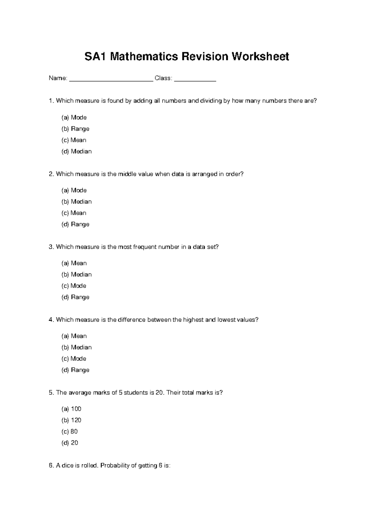 SA1 Mathematics Revision Worksheet: Key Concepts & Answers - Studocu