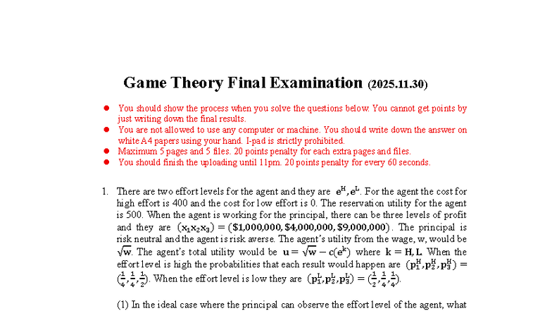 Game Theory Final Exam (2025.11.30) - Detailed Solutions - Studocu