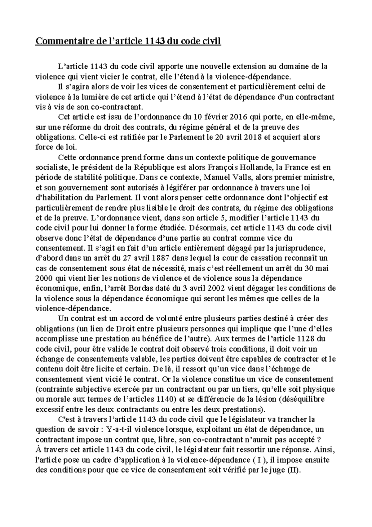 Commentaire sur l'Article 1143 du Code Civil: Violence-Dépendance - Studocu