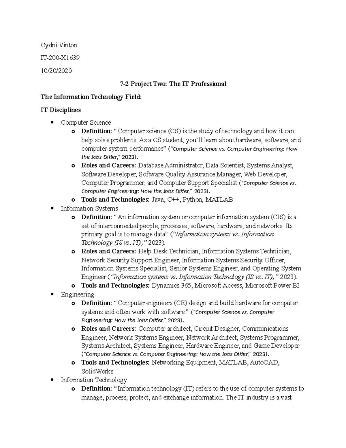 IT-200-X: Project 7-2 - Exploring Careers in Information Technology ...