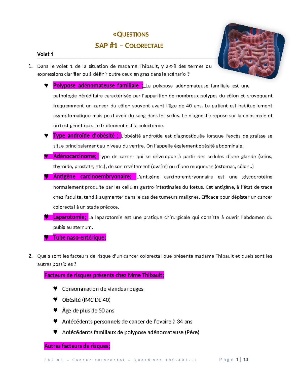 SAP 401 1 - Questions sur le Cancer Colorectal de Mme Thibault - Studocu