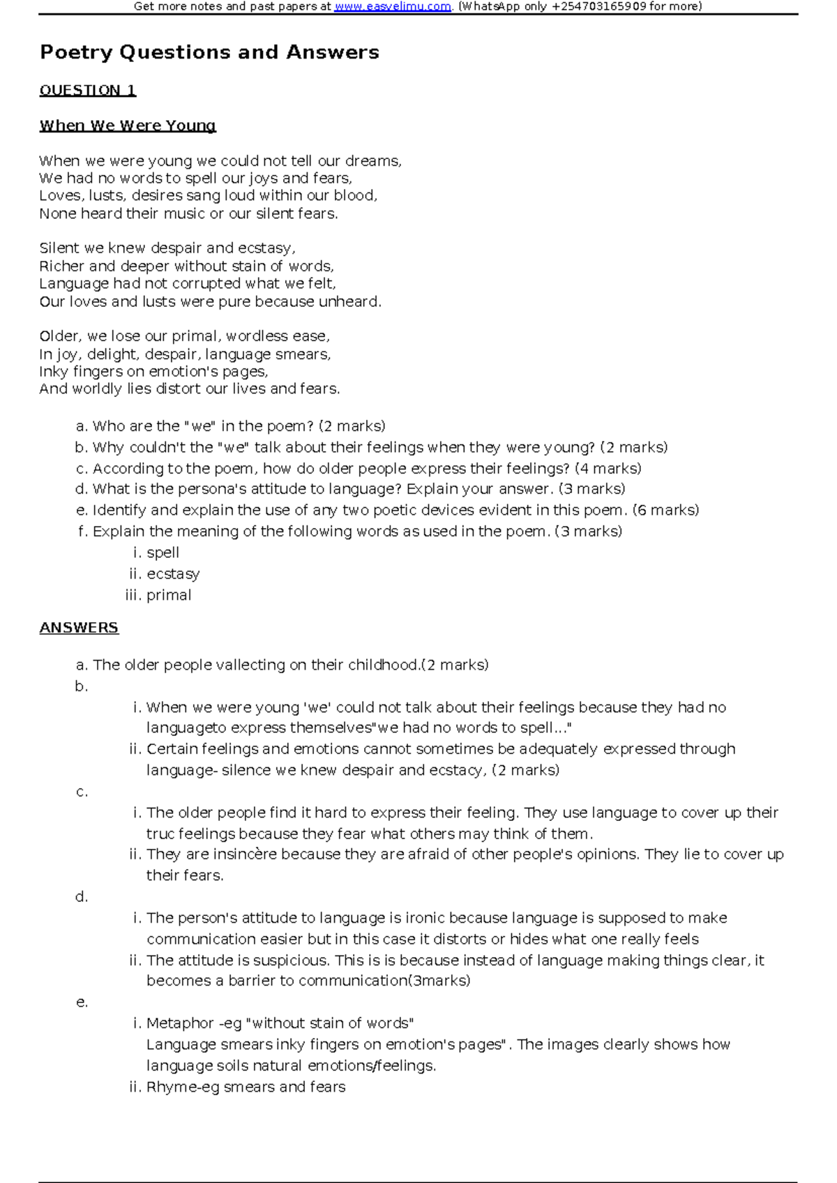 Poetry Analysis Questions and Answers for Exams (Course Code: ENG101) - Studocu