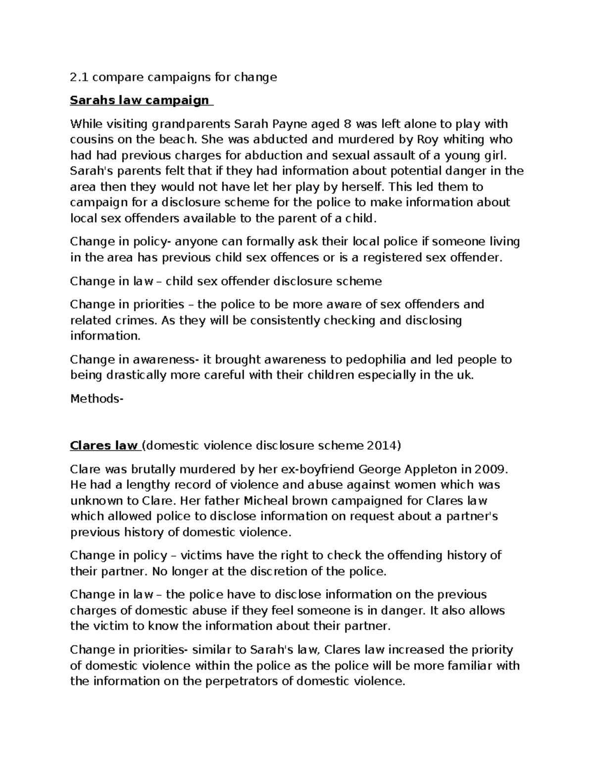2.1 Compare Campaigns for Change: Sarah's Law & Clare's Law - Studocu