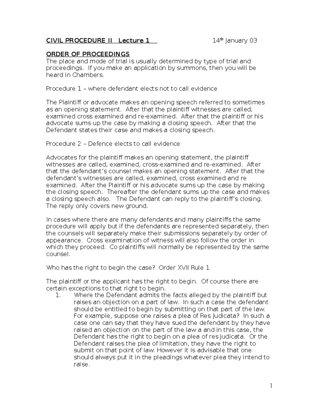 CIVIL PROCEDURE II Lecture 1: Order of Proceedings Overview - Studocu
