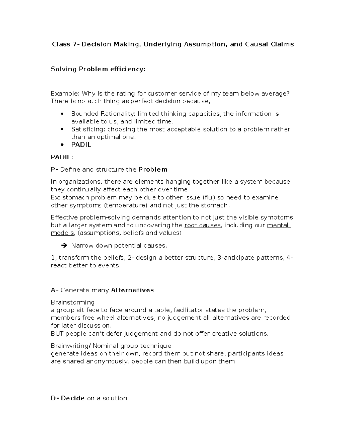Class 7 Notes: Decision Making, Assumptions, and Causal Claims - Studocu