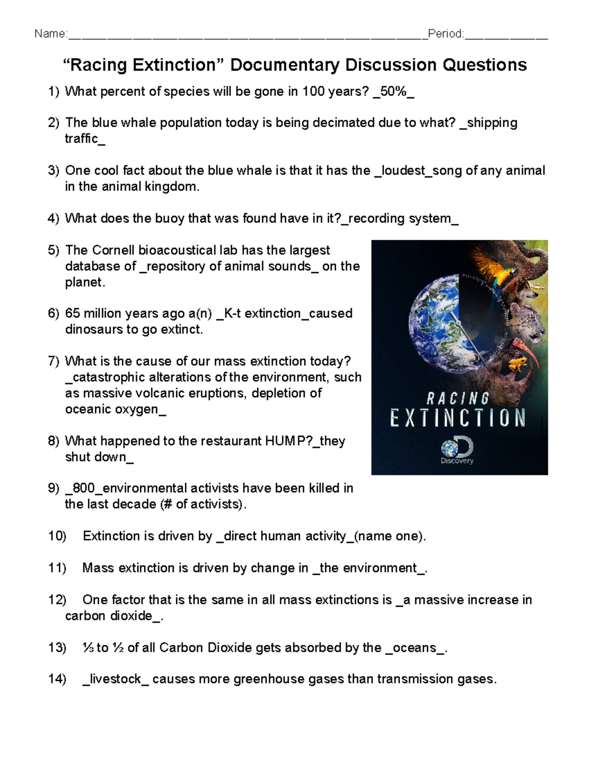 Racing Extinction Documentary Discussion Questions for Class Discussion ...