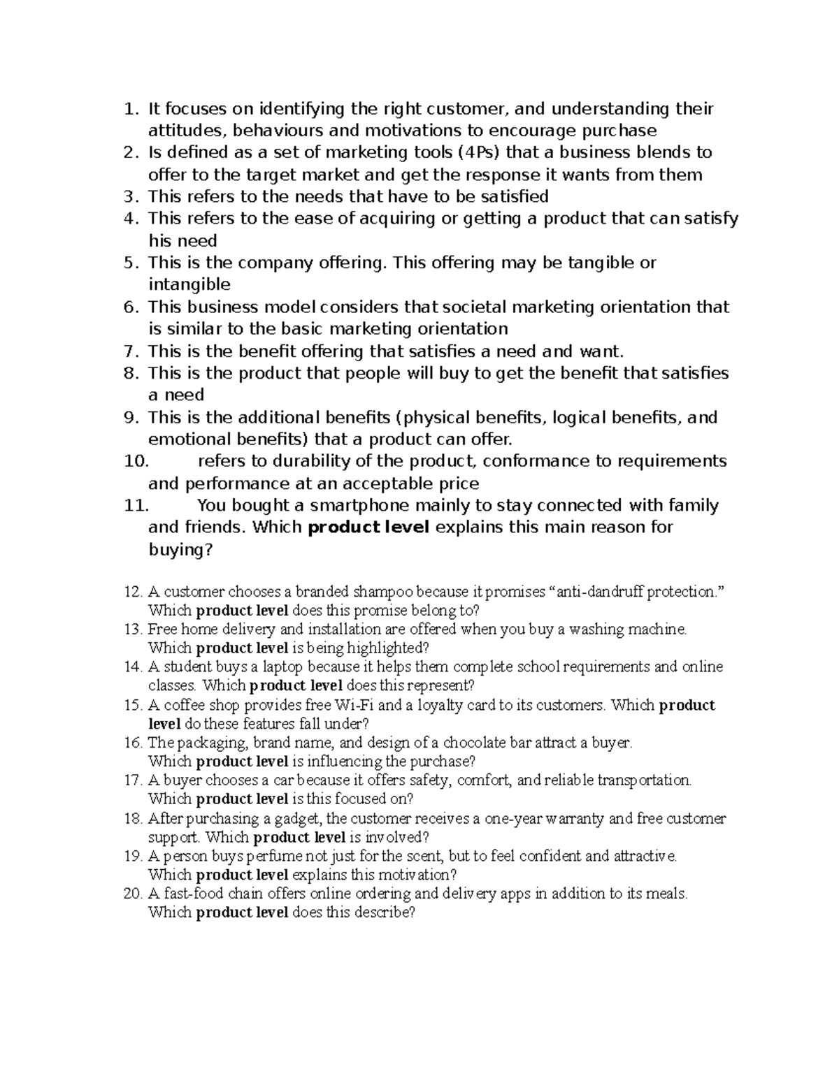 Marketing Quiz - Key Concepts and Product Levels - Studocu
