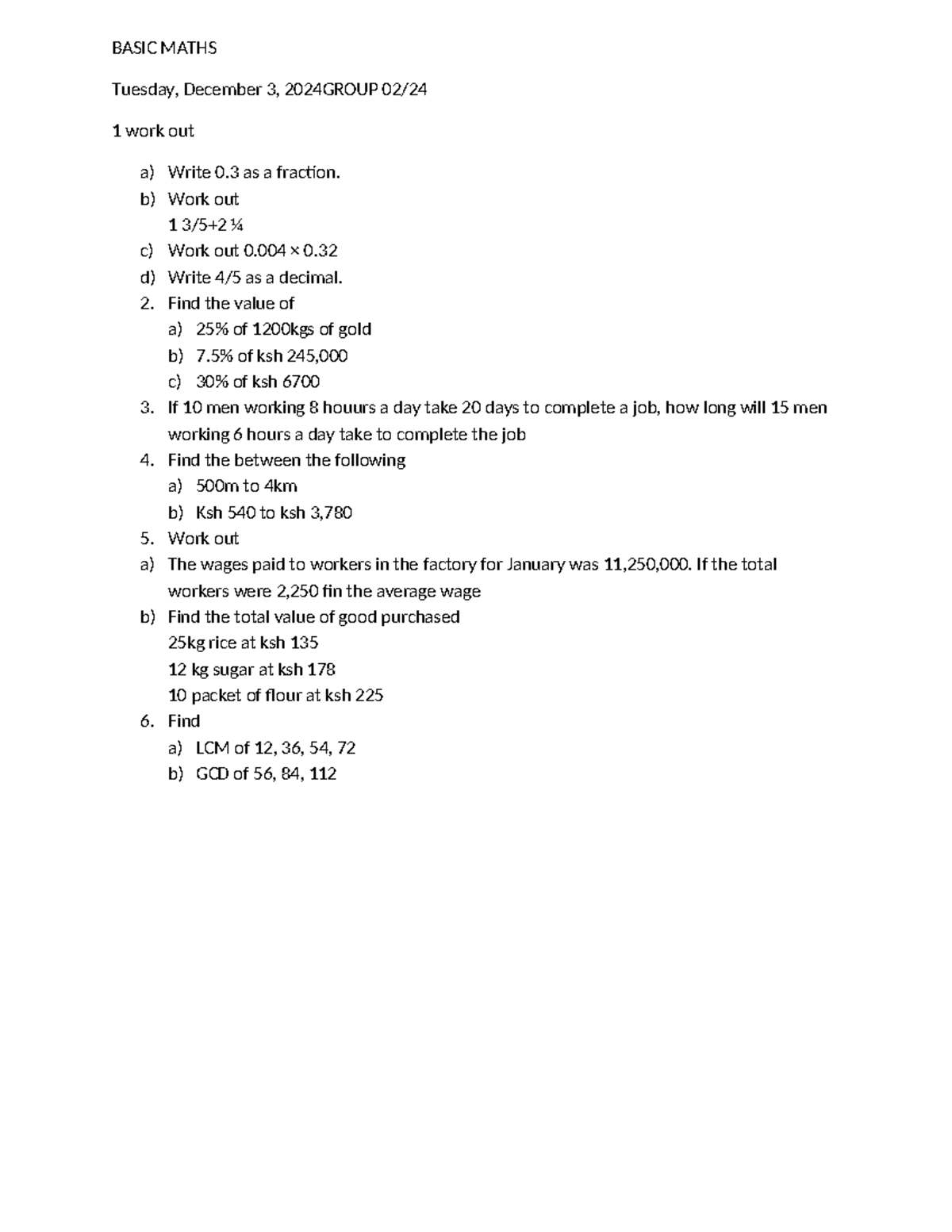 BASIC MATHS Assignment - Group 1 Continuous Workouts - Studocu