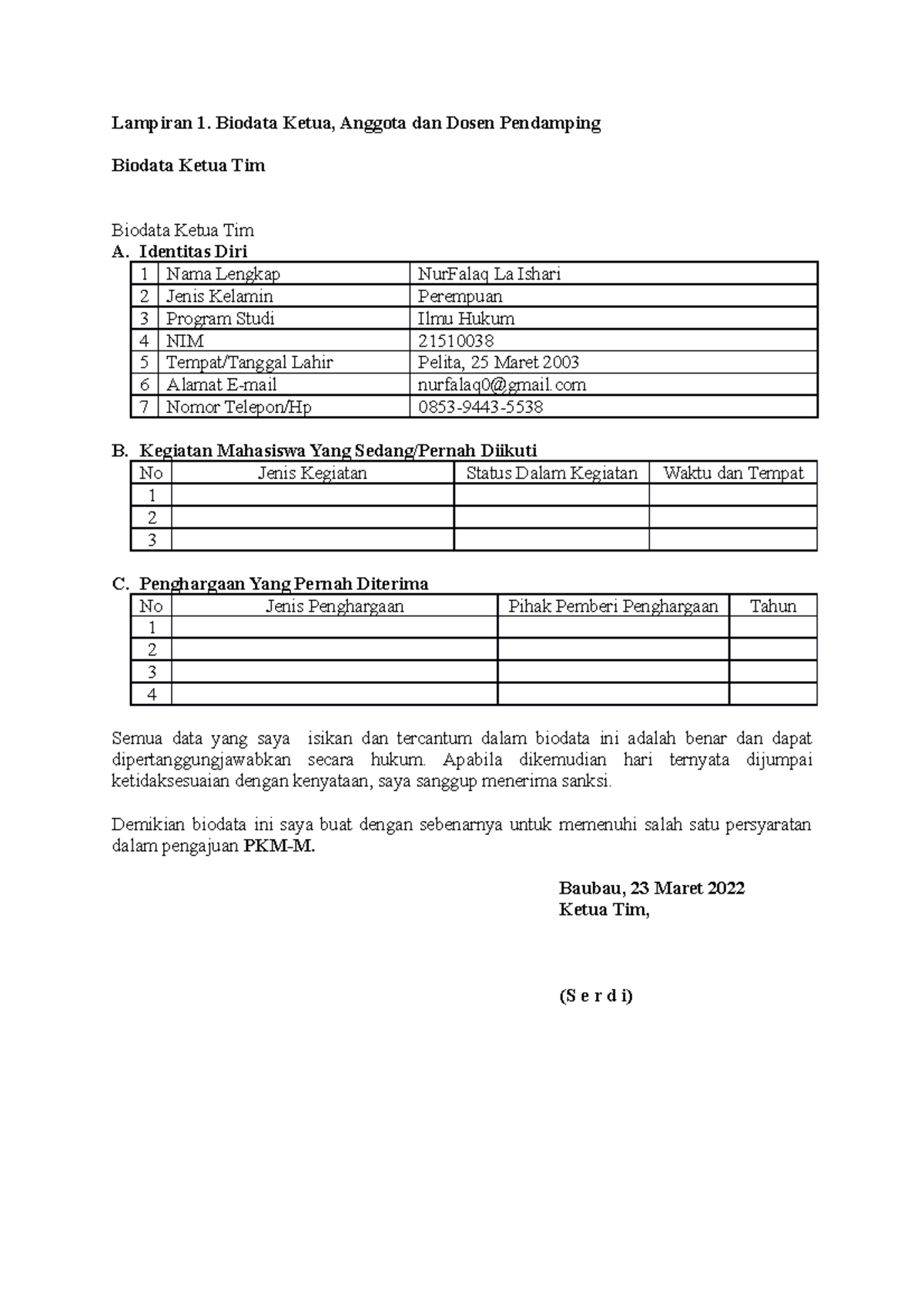 Biodata Anggota dan Ketua Tim PKM-M Ilmu Hukum 123 - Studocu