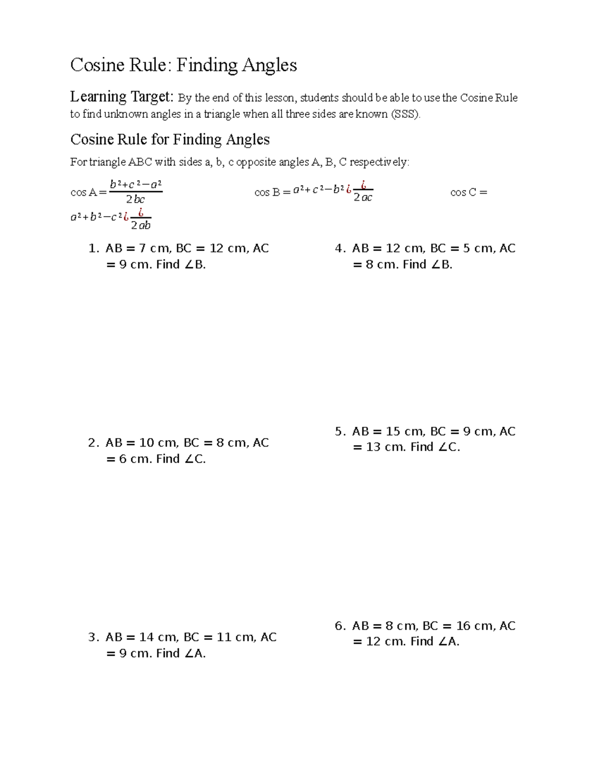 Cosine Rule: Finding Angles - Lesson Overview and Exercises - Studocu