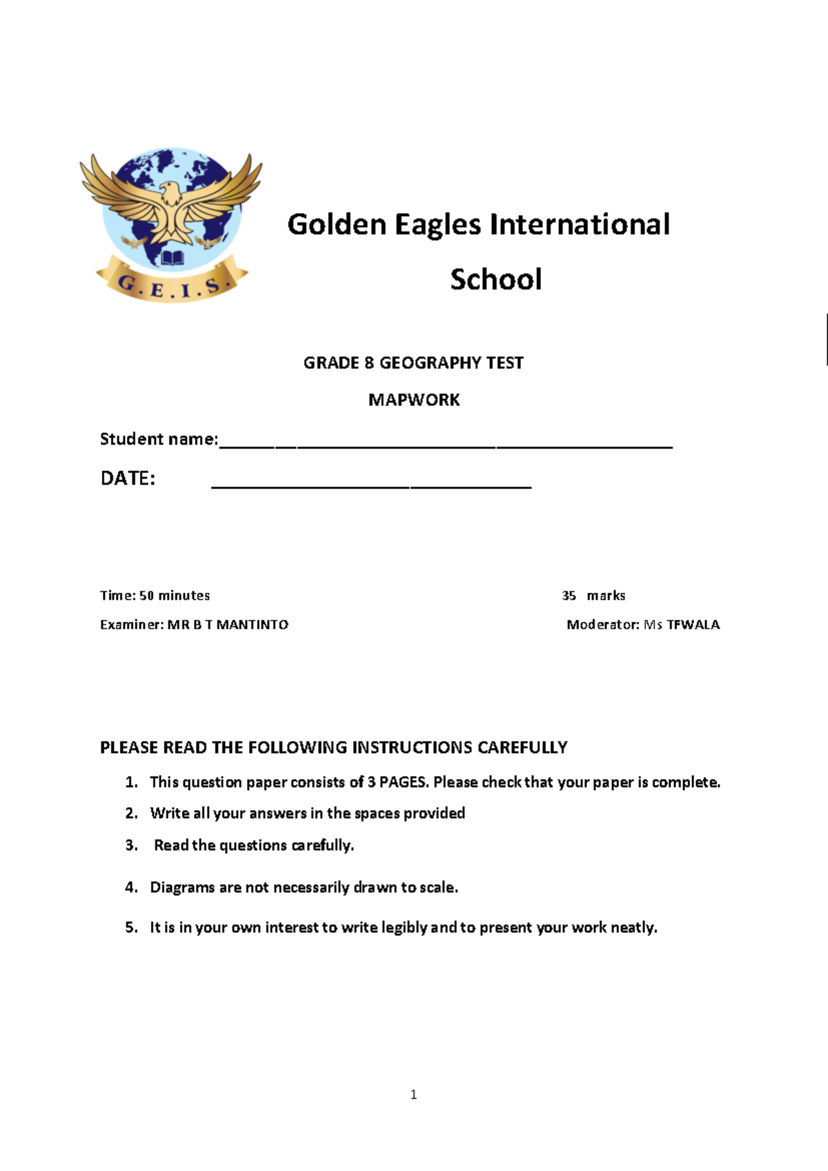 Grade 8 Geography Test: Mapwork Assessment - Studocu