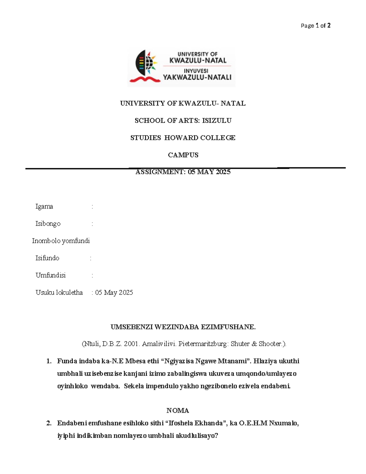 ZULM 101 Umsebenzi Wezindaba Ezimfushane - Assignment 05 May 2025 - Studocu