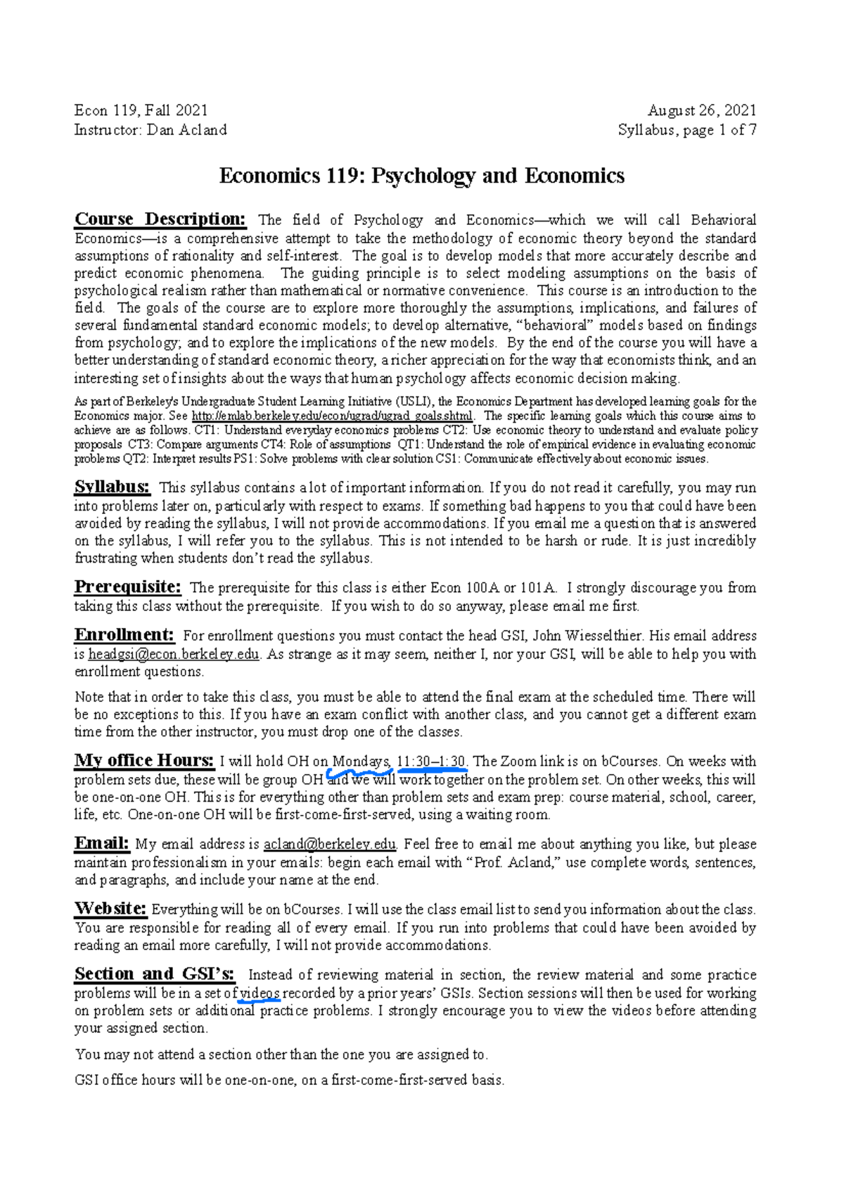 Econ 119 Syllabus - Behavioral Economics, Fall 2021 by Dan Acland - Studocu