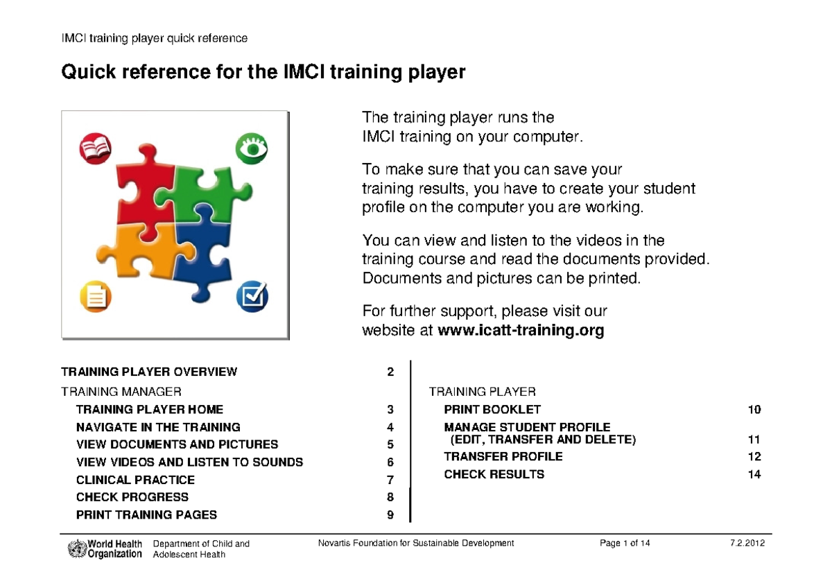 IMCI Training Player Quick Reference Guide for Effective Use - Studocu
