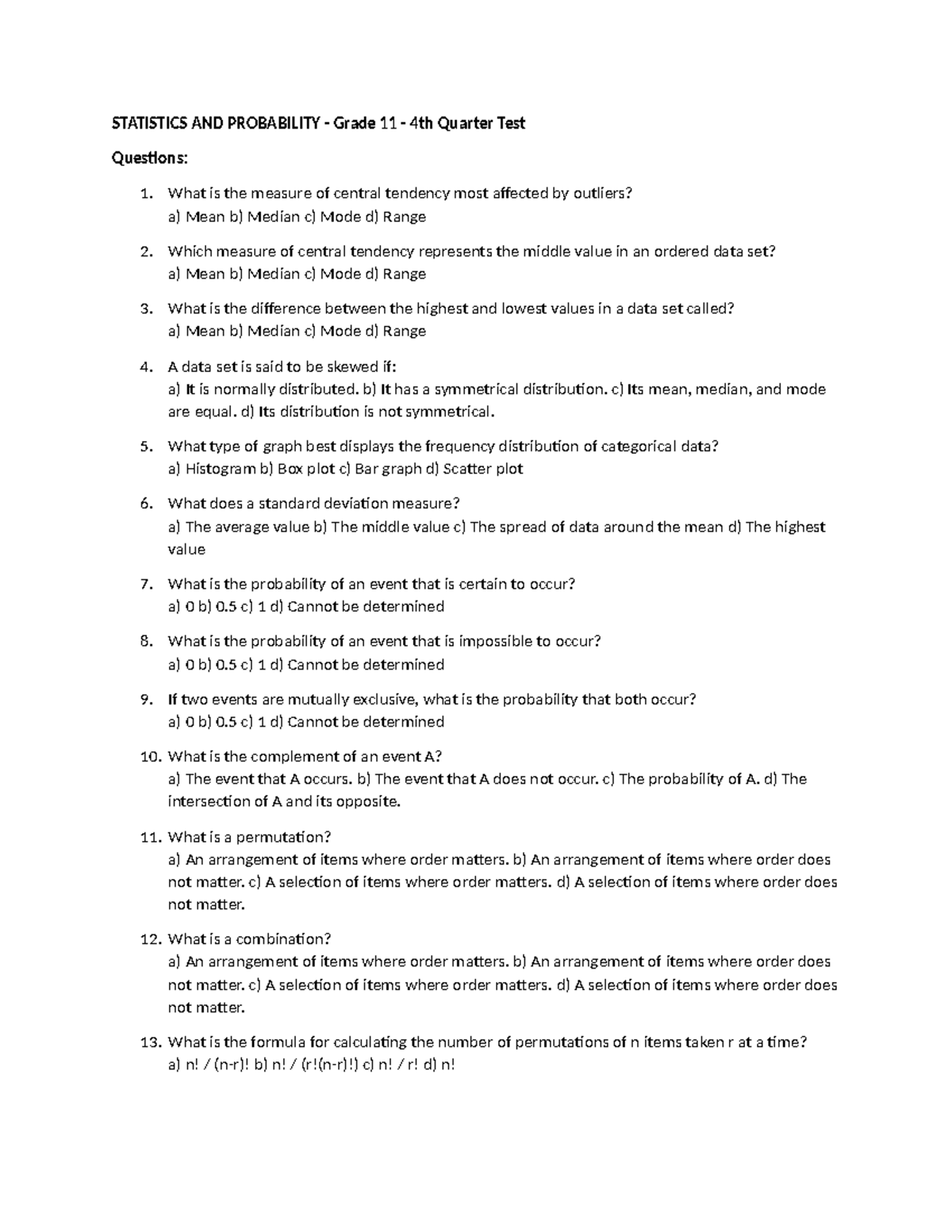 Grade 11 Statistics & Probability - 4th Qtr Test Review Questions - Studocu