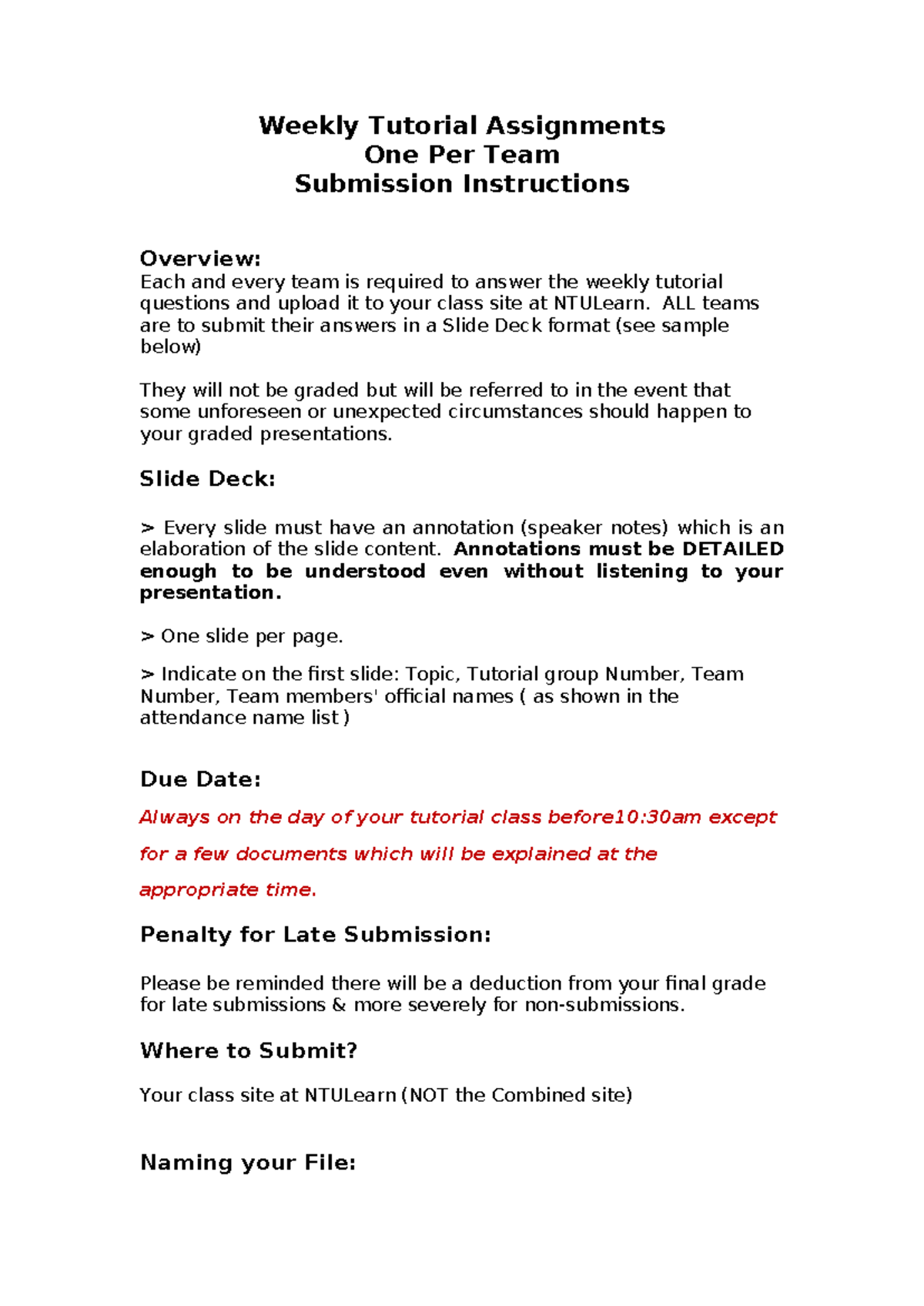 NTU Tutorial Submission Guidelines: Weekly Team Assignments - Studocu
