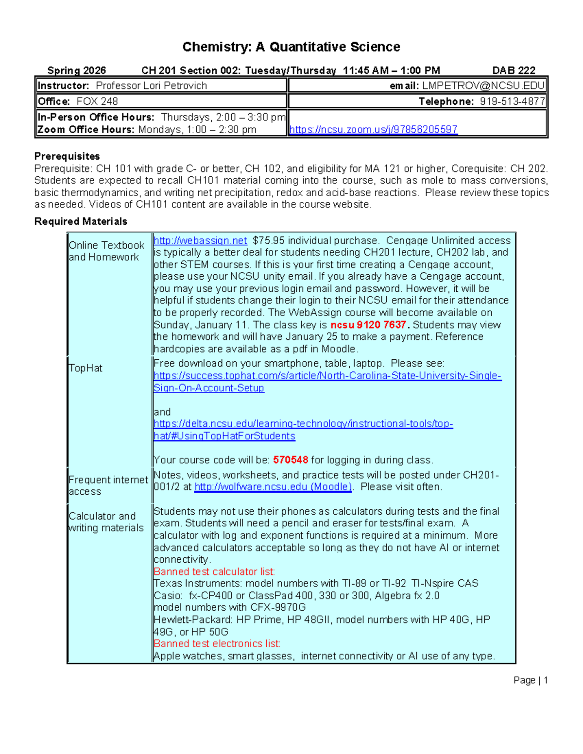 Chemistry CH 201 Spring 2026 Syllabus & Course Guidelines - Studocu