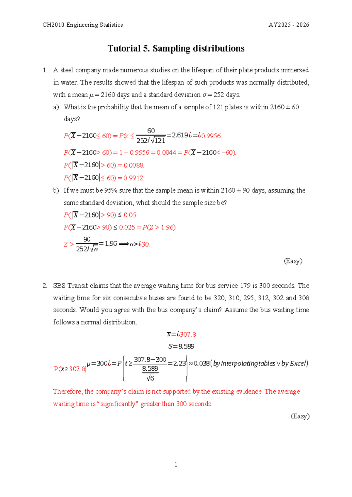 CH2010 Engineering Statistics AY2025 2026 Tutorial 5 Solutions - Studocu