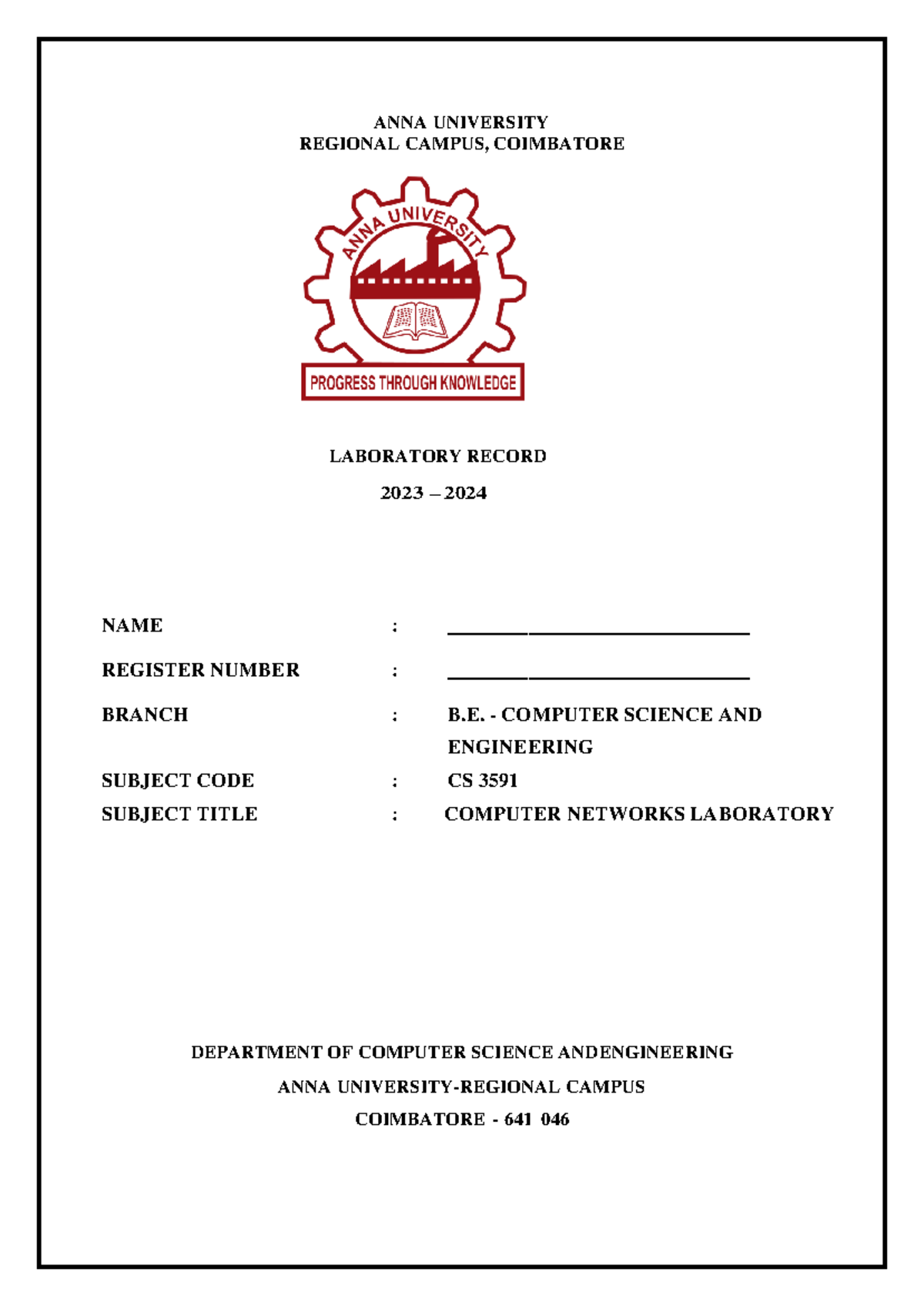 CS3591 - Computer Networks Laboratory Lab Manual for 2023-2024 - Studocu