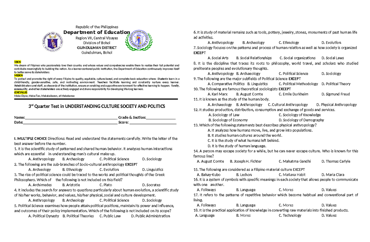3RD Quarter Exam UCSP - Lands - Republic of the Philippines Department ...