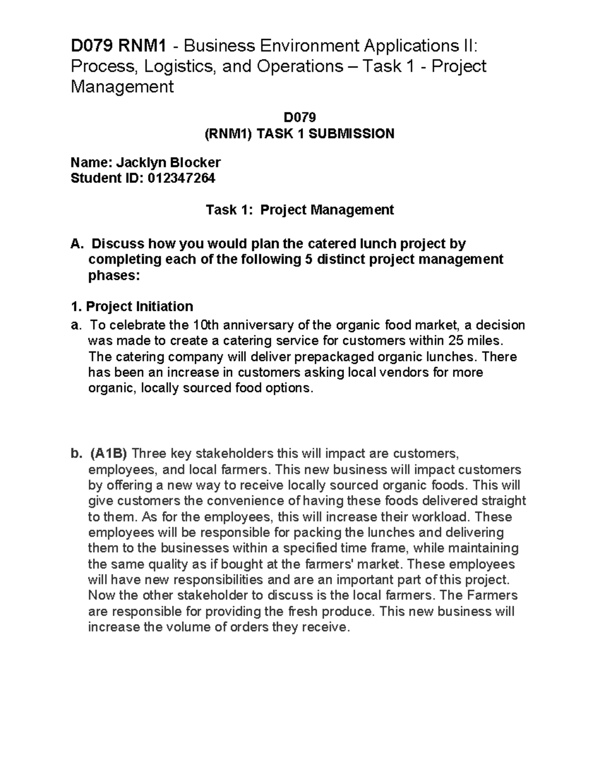 D079 RNM1 Business Environment Applications II: Project Management Task ...